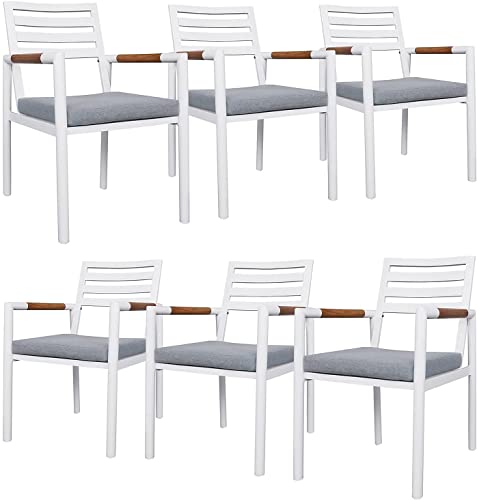 JP Outdoor Patio Dining Chair Set of 6, White Stackable Cast Aluminum Armchair with Grey Cushion, for Indoor Living Room or Outdoor Lawn, Garden, Courtyard, Bistro