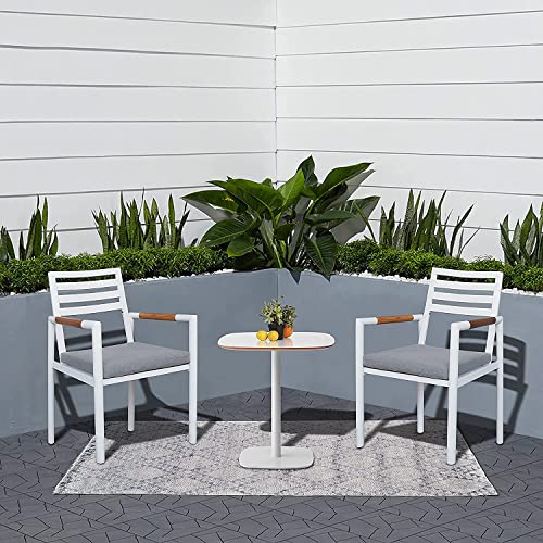 JP Outdoor Patio Dining Chair Set of 6, White Stackable Cast Aluminum Armchair with Grey Cushion, for Indoor Living Room or Outdoor Lawn, Garden, Courtyard, Bistro