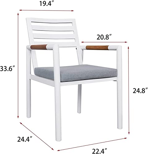 JP Outdoor Patio Dining Chair Set of 6, White Stackable Cast Aluminum Armchair with Grey Cushion, for Indoor Living Room or Outdoor Lawn, Garden, Courtyard, Bistro