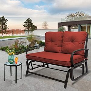 X&T Outdoor Porch Glider, Patio Glider Chair with 3.5 Inch Thick Cushion, 2 Seats Glider Benches for Outside, Garden Steel Frame Swing Rocker Seating, Red(1)