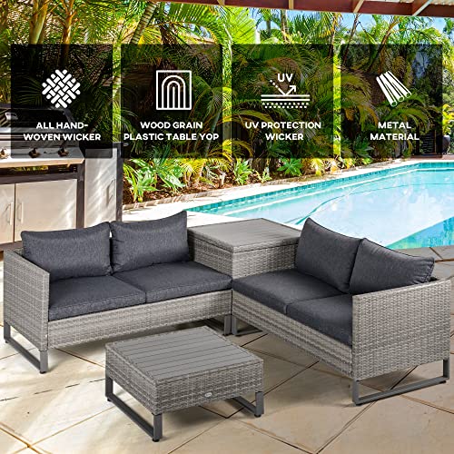 Outsunny 4-Piece PE Rattan Wicker Outdoor Sofa Sets with Washable Comfort Cushions, Steel Frame, & Modern Design Furniture Set, Grey