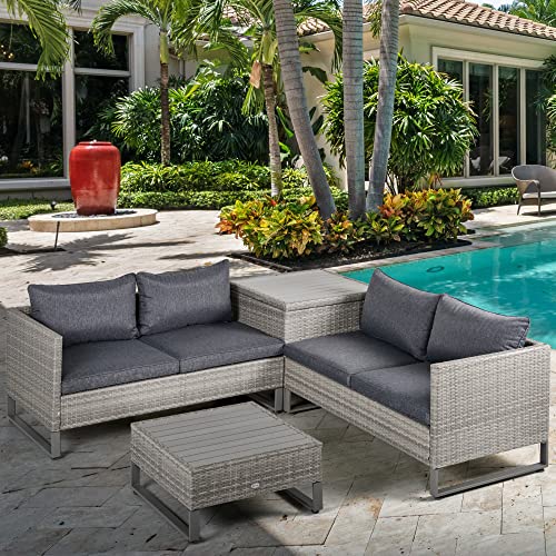 Outsunny 4-Piece PE Rattan Wicker Outdoor Sofa Sets with Washable Comfort Cushions, Steel Frame, & Modern Design Furniture Set, Grey