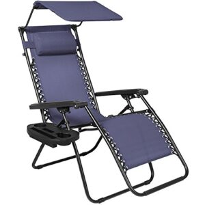 Akari Decor Extra Large Oversized XL 3-in-1 Zero Gravity Chair Patio Adjustable Recliner with Canopy Sunshade and Cupholder (Blue)