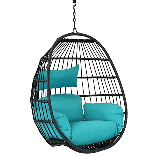 Sunnydaze Dalia Black Steel and Polyethylene Wicker Hanging Egg Chair with Teal Polyester Seat Cushions - Bohemian Single Lounge Chair - Collapsible Nylon Rope Back - 45-Inch Tall