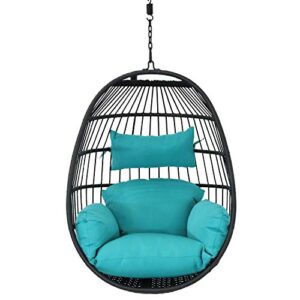 Sunnydaze Dalia Black Steel and Polyethylene Wicker Hanging Egg Chair with Teal Polyester Seat Cushions - Bohemian Single Lounge Chair - Collapsible Nylon Rope Back - 45-Inch Tall