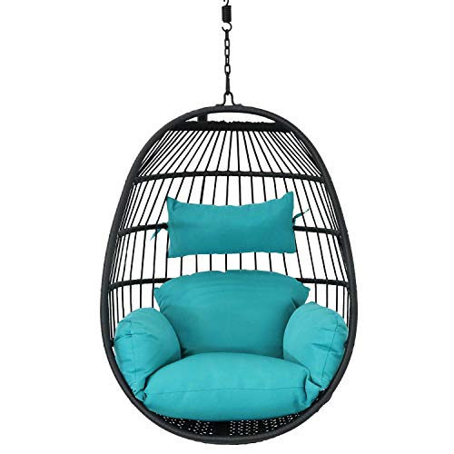 Sunnydaze Dalia Black Steel and Polyethylene Wicker Hanging Egg Chair with Teal Polyester Seat Cushions - Bohemian Single Lounge Chair - Collapsible Nylon Rope Back - 45-Inch Tall