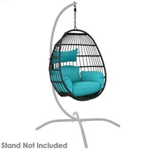 Sunnydaze Dalia Black Steel and Polyethylene Wicker Hanging Egg Chair with Teal Polyester Seat Cushions - Bohemian Single Lounge Chair - Collapsible Nylon Rope Back - 45-Inch Tall