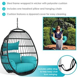 Sunnydaze Dalia Black Steel and Polyethylene Wicker Hanging Egg Chair with Teal Polyester Seat Cushions - Bohemian Single Lounge Chair - Collapsible Nylon Rope Back - 45-Inch Tall