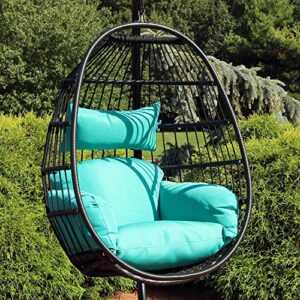 Sunnydaze Dalia Black Steel and Polyethylene Wicker Hanging Egg Chair with Teal Polyester Seat Cushions - Bohemian Single Lounge Chair - Collapsible Nylon Rope Back - 45-Inch Tall