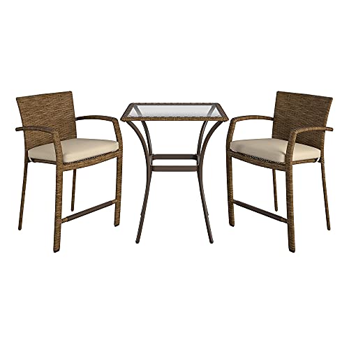 Cosco Outdoor 3 Piece High Top Bistro Lakewood Ranch Steel Woven Wicker Patio Balcony Furniture Set with Cushions, Brown