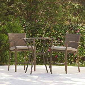 Cosco Outdoor 3 Piece High Top Bistro Lakewood Ranch Steel Woven Wicker Patio Balcony Furniture Set with Cushions, Brown