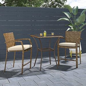 Cosco Outdoor 3 Piece High Top Bistro Lakewood Ranch Steel Woven Wicker Patio Balcony Furniture Set with Cushions, Brown