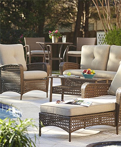 Cosco Outdoor 3 Piece High Top Bistro Lakewood Ranch Steel Woven Wicker Patio Balcony Furniture Set with Cushions, Brown