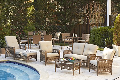 Cosco Outdoor 3 Piece High Top Bistro Lakewood Ranch Steel Woven Wicker Patio Balcony Furniture Set with Cushions, Brown