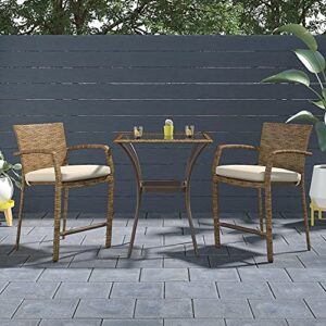 Cosco Outdoor 3 Piece High Top Bistro Lakewood Ranch Steel Woven Wicker Patio Balcony Furniture Set with Cushions, Brown