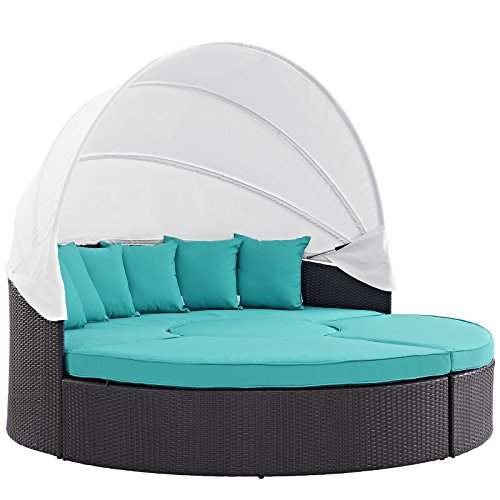 Modway Convene Wicker Rattan Outdoor Patio Retractable Canopy Round Poolside Sectional Sofa Daybed with Cushions in Espresso Turquoise