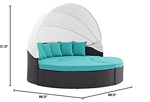 Modway Convene Wicker Rattan Outdoor Patio Retractable Canopy Round Poolside Sectional Sofa Daybed with Cushions in Espresso Turquoise