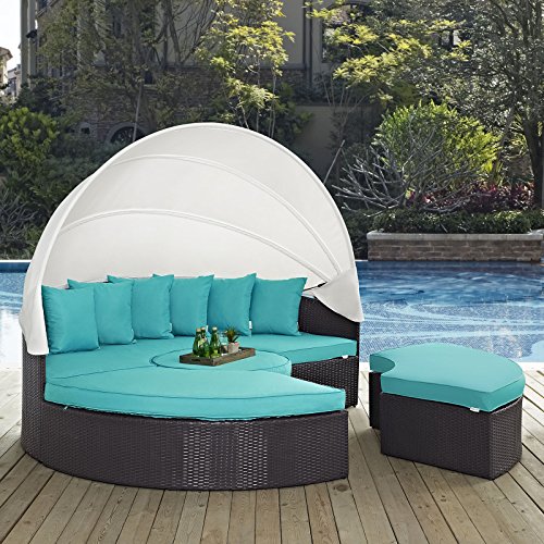 Modway Convene Wicker Rattan Outdoor Patio Retractable Canopy Round Poolside Sectional Sofa Daybed with Cushions in Espresso Turquoise