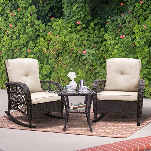 JP Outdoor Rattan Rocking Chair Set of 3 with Khaki Soft Cushion and Coffee Table, Patio Backyard Garden Living Room All-Weather Resin Wicker Furniture