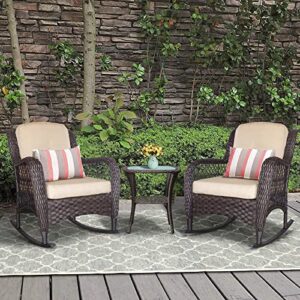 JP Outdoor Rattan Rocking Chair Set of 3 with Khaki Soft Cushion and Coffee Table, Patio Backyard Garden Living Room All-Weather Resin Wicker Furniture