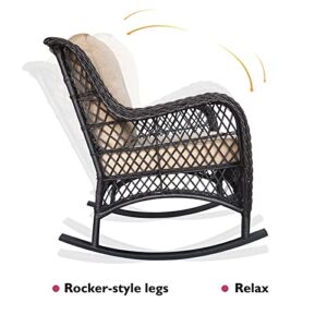 JP Outdoor Rattan Rocking Chair Set of 3 with Khaki Soft Cushion and Coffee Table, Patio Backyard Garden Living Room All-Weather Resin Wicker Furniture