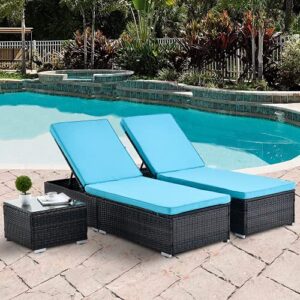 outdoor 3 piece wicker patio chaise lounge set w/cushions and side table for beach, pool, yard porch