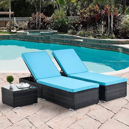 Outdoor 3 Piece Wicker Patio Chaise Lounge Set w/Cushions and Side Table for Beach, Pool, Yard Porch