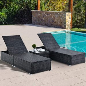 Outdoor 3 Piece Wicker Patio Chaise Lounge Set w/Cushions and Side Table for Beach, Pool, Yard Porch