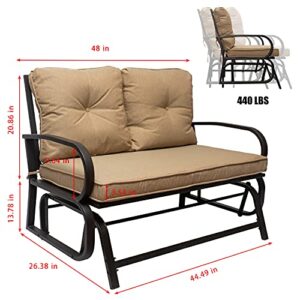 X&T Outdoor Porch Glider, Patio Glider Chair with 3.5 Inch Thick Cushion, 2 Seats Glider Benches for Outside, Garden Steel Frame Swing Rocker Seating, Khaki, (1)