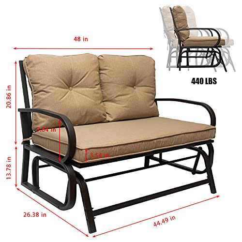 X&T Outdoor Porch Glider, Patio Glider Chair with 3.5 Inch Thick Cushion, 2 Seats Glider Benches for Outside, Garden Steel Frame Swing Rocker Seating, Khaki, (1)