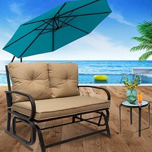 X&T Outdoor Porch Glider, Patio Glider Chair with 3.5 Inch Thick Cushion, 2 Seats Glider Benches for Outside, Garden Steel Frame Swing Rocker Seating, Khaki, (1)