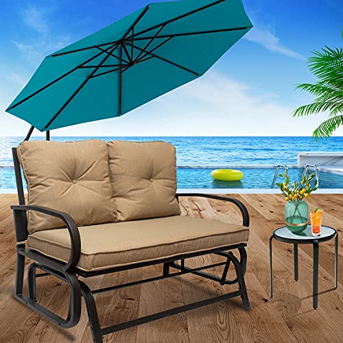 X&T Outdoor Porch Glider, Patio Glider Chair with 3.5 Inch Thick Cushion, 2 Seats Glider Benches for Outside, Garden Steel Frame Swing Rocker Seating, Khaki, (1)