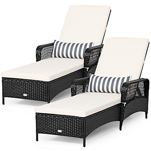 Tangkula 2 Pieces Patio Wicker Chaise Lounge Chair, Outdoor Rattan Reclining Chaise w/ 6-Gear Adjustable Backrest, Thick Padded Cushion & Removable Lumbar Pillow, Ideal for Lawn, Beach, Balcony