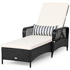 Tangkula 2 Pieces Patio Wicker Chaise Lounge Chair, Outdoor Rattan Reclining Chaise w/ 6-Gear Adjustable Backrest, Thick Padded Cushion & Removable Lumbar Pillow, Ideal for Lawn, Beach, Balcony