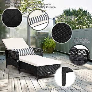 Tangkula 2 Pieces Patio Wicker Chaise Lounge Chair, Outdoor Rattan Reclining Chaise w/ 6-Gear Adjustable Backrest, Thick Padded Cushion & Removable Lumbar Pillow, Ideal for Lawn, Beach, Balcony