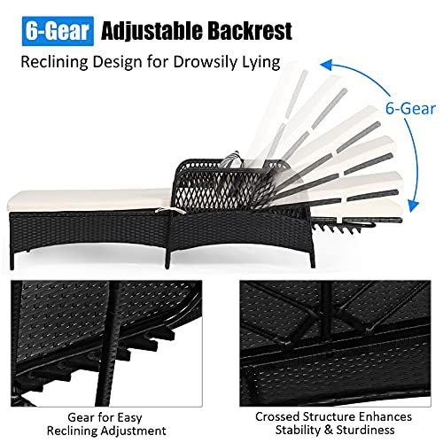 Tangkula 2 Pieces Patio Wicker Chaise Lounge Chair, Outdoor Rattan Reclining Chaise w/ 6-Gear Adjustable Backrest, Thick Padded Cushion & Removable Lumbar Pillow, Ideal for Lawn, Beach, Balcony