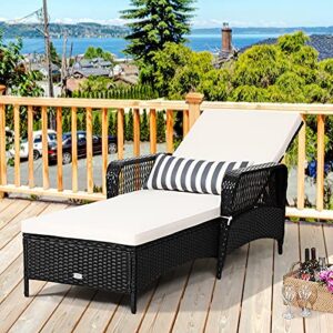 Tangkula 2 Pieces Patio Wicker Chaise Lounge Chair, Outdoor Rattan Reclining Chaise w/ 6-Gear Adjustable Backrest, Thick Padded Cushion & Removable Lumbar Pillow, Ideal for Lawn, Beach, Balcony