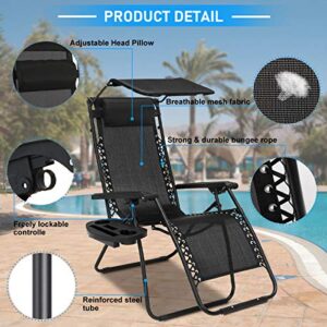 Zero Gravity Chair, 2 Pack Patio Lounge Chair Folding Outdoor Indoor Adjustable Backyard Recliner Chair Chaise with Cup Holder Tray and Canopy Shade for Pool, Beach, Lawn, Deck, Camping - Black