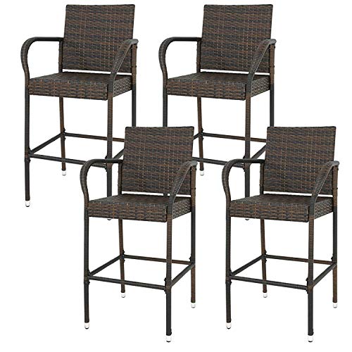 F2C Pack of 4 Brown Wicker Barstool All Weather Dining Chairs Outdoor Patio Furniture Bar Stools