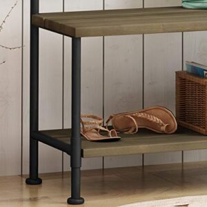 Christopher Knight Home Kay Indoor Industrial Acacia Wood Bench with Shelf and Coat Hooks, Gray Finish, Rustic Metal