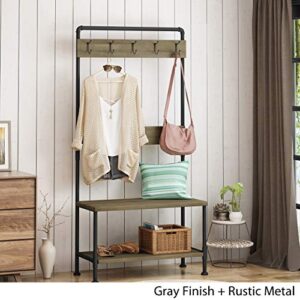 Christopher Knight Home Kay Indoor Industrial Acacia Wood Bench with Shelf and Coat Hooks, Gray Finish, Rustic Metal