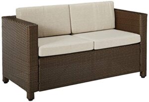 christopher knight home puerta outdoor wicker loveseat with cushions, brown / ceramic grey cushions