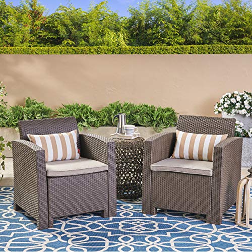 Great Deal Furniture Fiona Outdoor Brown Faux Wicker Club Chairs with Mixed Beige Water Resistant Cushions (Set of 2)