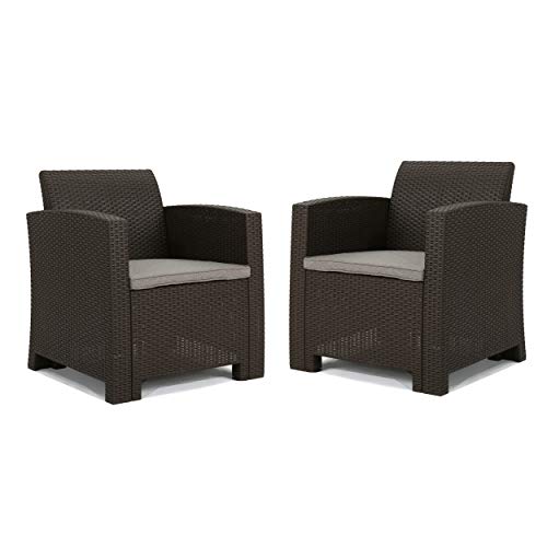 Great Deal Furniture Fiona Outdoor Brown Faux Wicker Club Chairs with Mixed Beige Water Resistant Cushions (Set of 2)