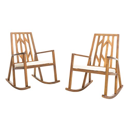 Christopher Knight Home Nuna Outdoor Wood Rocking Chairs with Cushions, 2-Pcs Set, Teak Finish