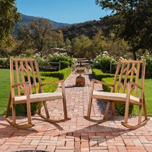 Christopher Knight Home Nuna Outdoor Wood Rocking Chairs with Cushions, 2-Pcs Set, Teak Finish