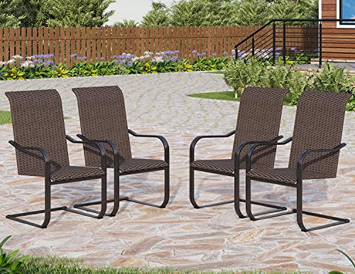 PHI VILLA Outdoor Patio C Spring Rattan Chairs, 4 Pieces High Back Wicker Dining Chair with Metal Frame for Patio, Deck, Porch - Brown