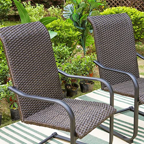 PHI VILLA Outdoor Patio C Spring Rattan Chairs, 4 Pieces High Back Wicker Dining Chair with Metal Frame for Patio, Deck, Porch - Brown