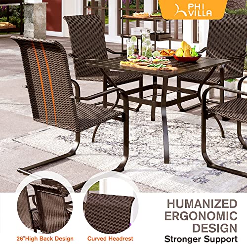 PHI VILLA Outdoor Patio C Spring Rattan Chairs, 4 Pieces High Back Wicker Dining Chair with Metal Frame for Patio, Deck, Porch - Brown