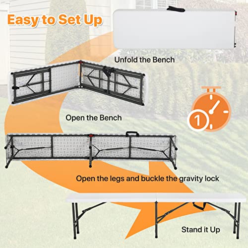 HKLGorg Folding Bench 6 FT Heavy Duty Plastic Outdoor Bench Foldable Camping Seat Portable Indoor Outdoor Seat Foldable Bench for Picnic Camping Party Dining - White (2 Pack)